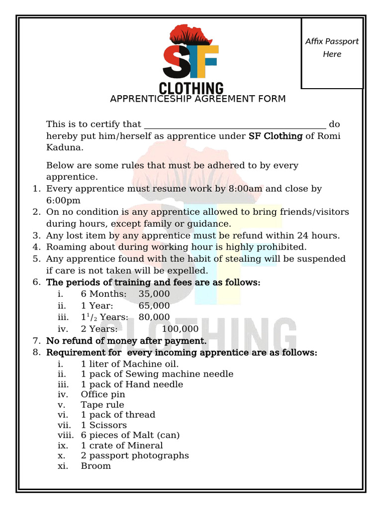 Sf Clothing Apprenticeship Agreement Form | PDF