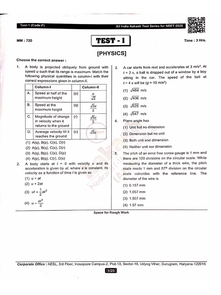 (F) AIATS - 01 (Question Paper) | PDF