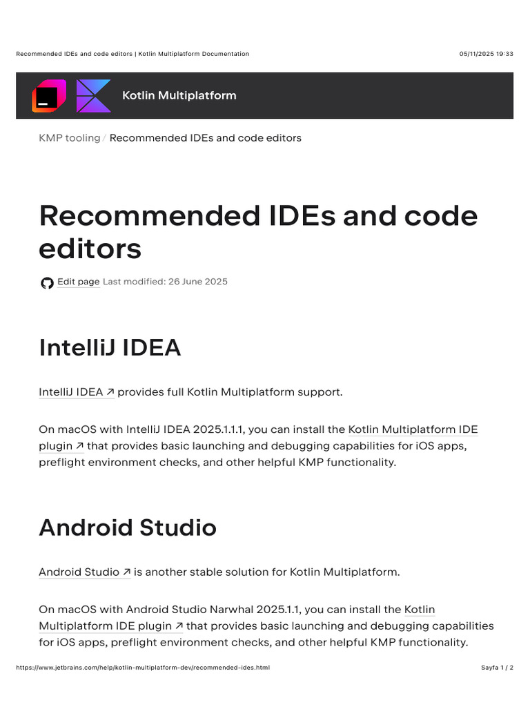 Recommended IDEs and Code Editors - Kotlin Multiplatform Documentation | PDF