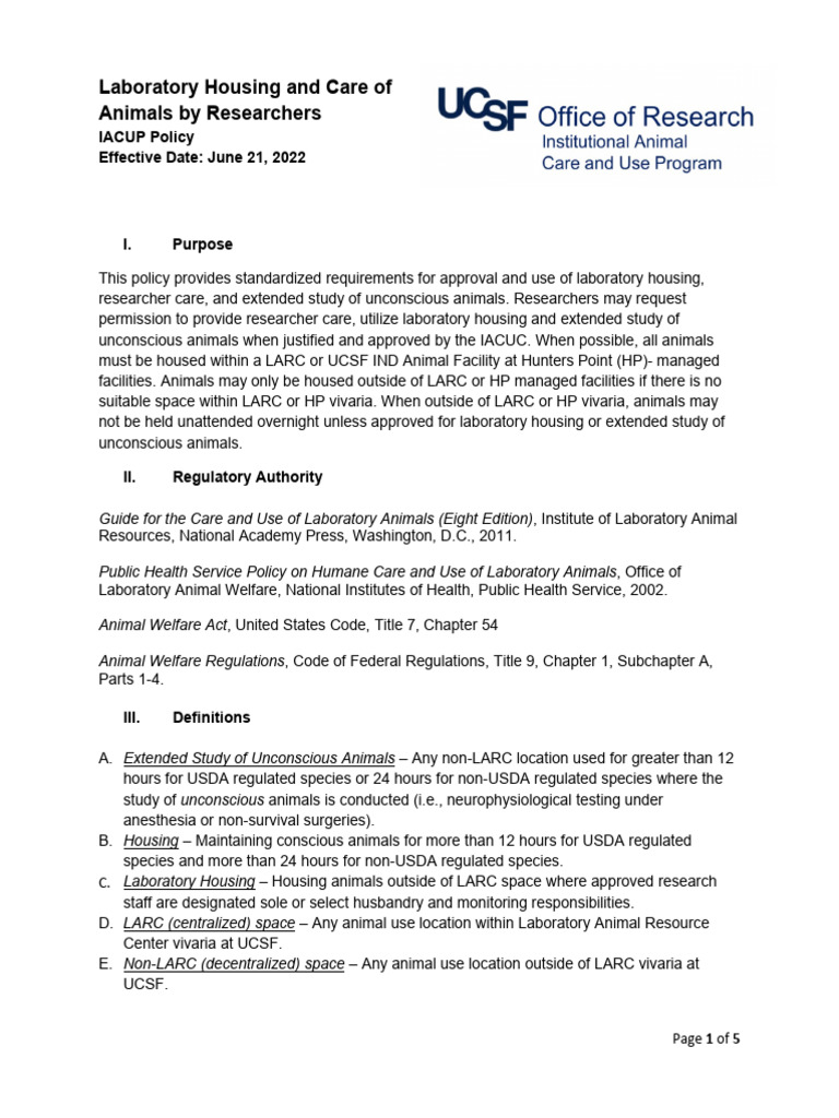 IACUC Policy on Laboratory Animal Care | PDF