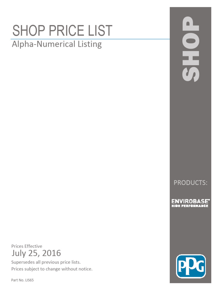 EHP-Shop-Price-Sheet-7-25-16-final PPG | PDF | Gallon | Pint
