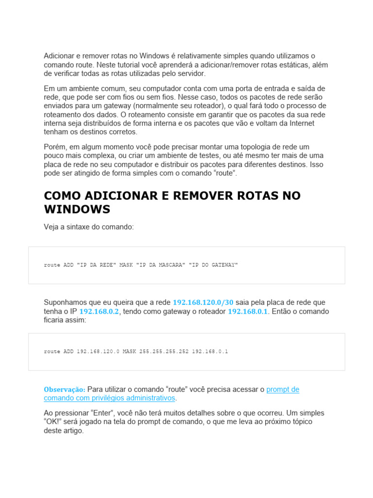 Gerenciamento de Rotas no Windows | PDF | Rede de computadores | Roteamento