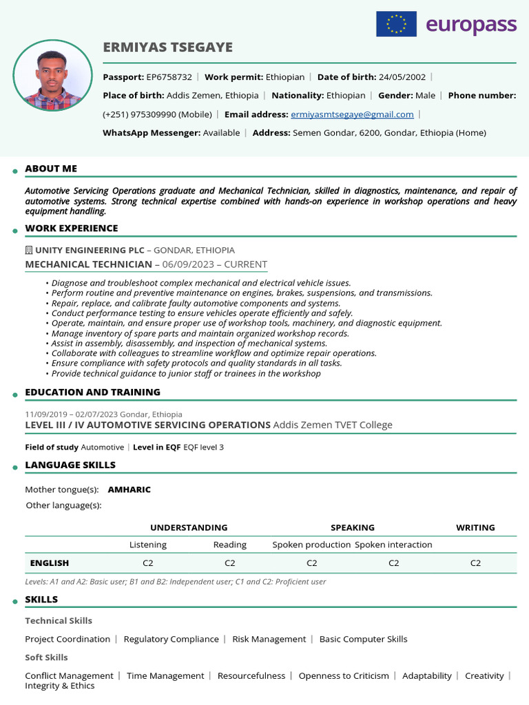 Ermiyas Tsegaye's Resume | PDF | Ethiopia