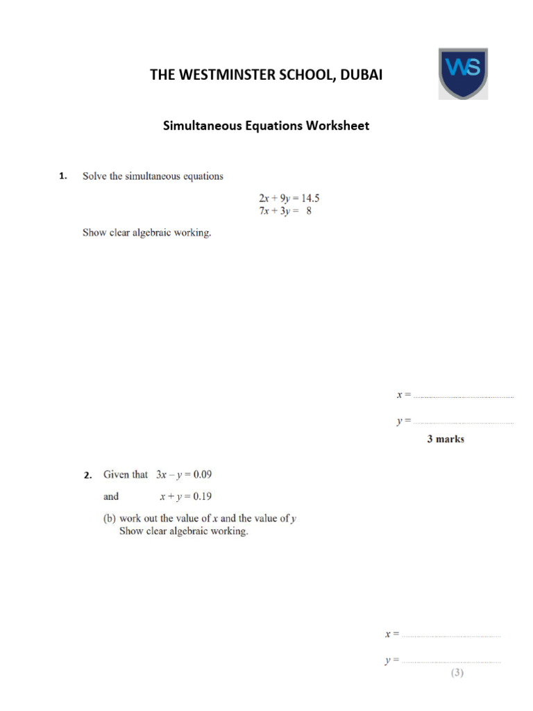 Simultaneous Equations Worksheet | PDF