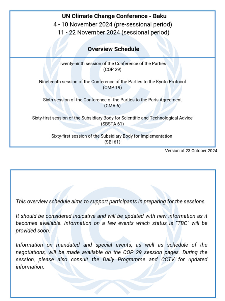 COP29 Overview Schedule | PDF | Climate Change Policy | United Nations ...