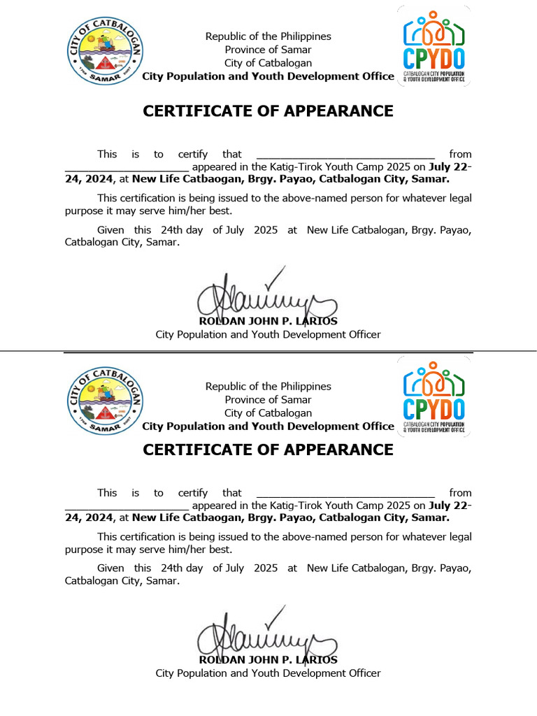 Youth Camp Participation Certificate | PDF