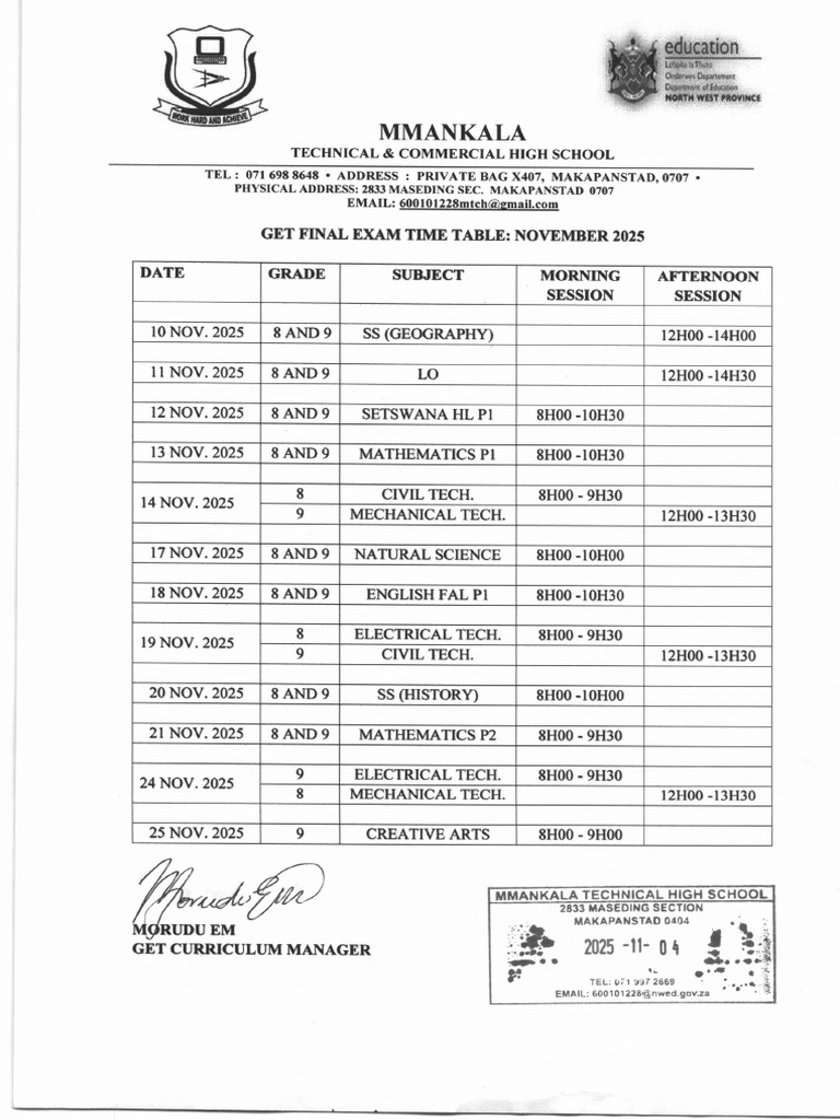 Get Final Exam Time Table | PDF