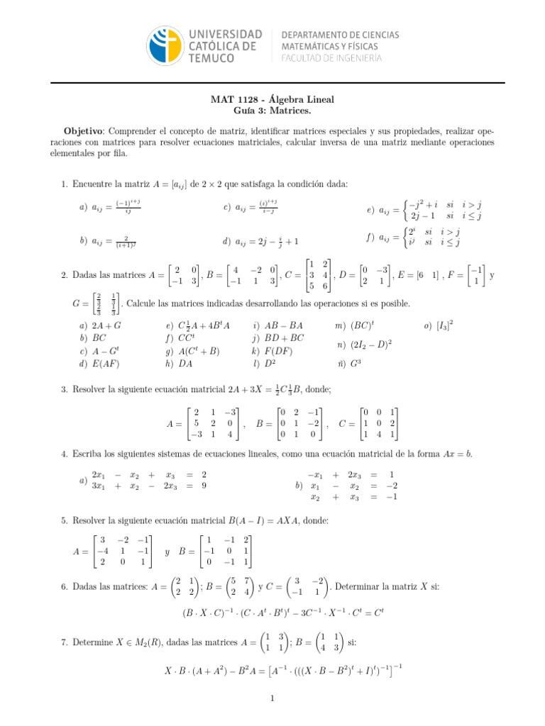 Guía de Álgebra Lineal: Matrices y Operaciones | PDF | Matriz ...