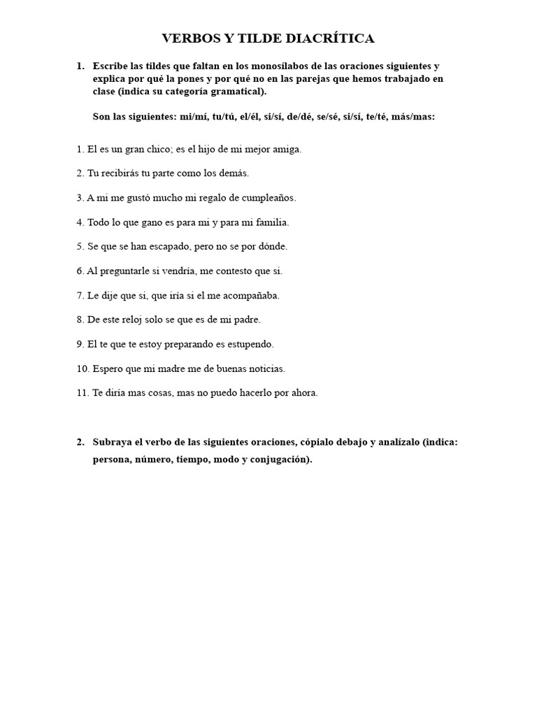 FICHA REPASO (Verbos y Tilde Diacrítica) | PDF