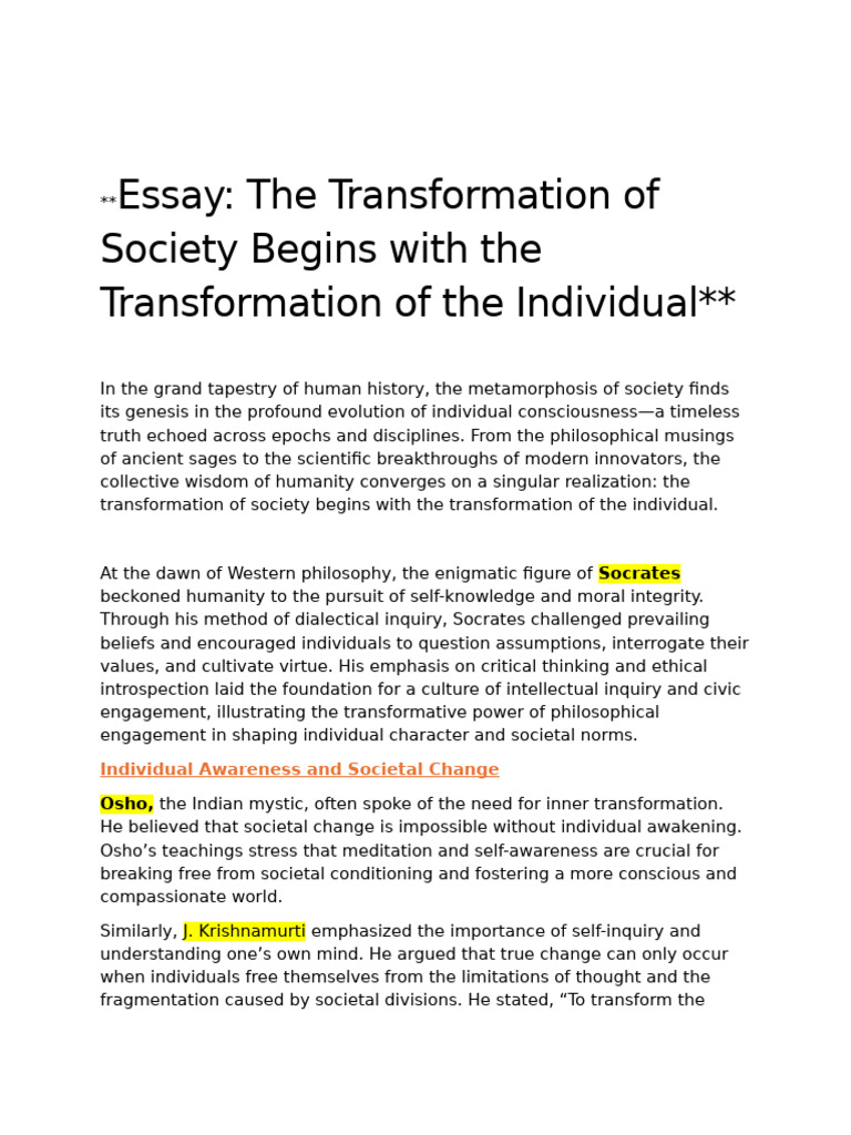 Individual To Societal Transformation Essay | PDF | Wisdom | Consciousness