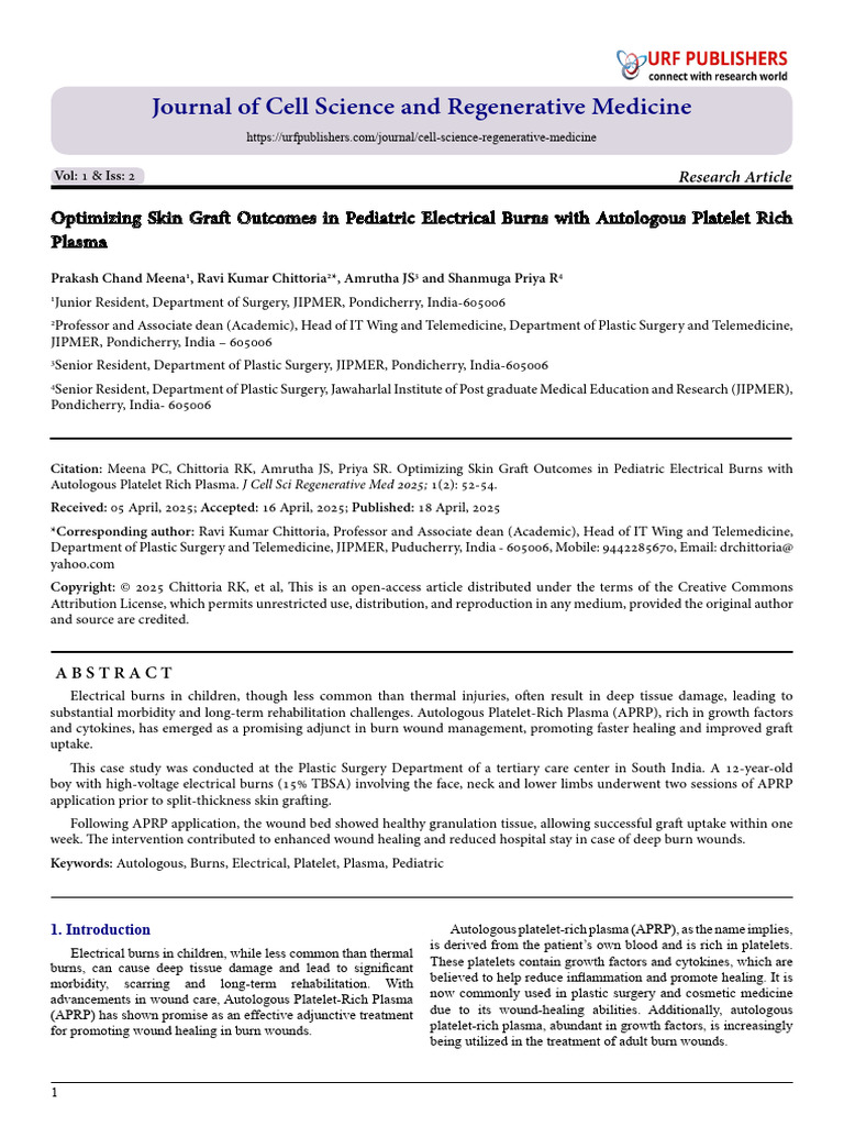 Optimizing Skin Graft Outcomes in Pediatric Electrical Burns With ...