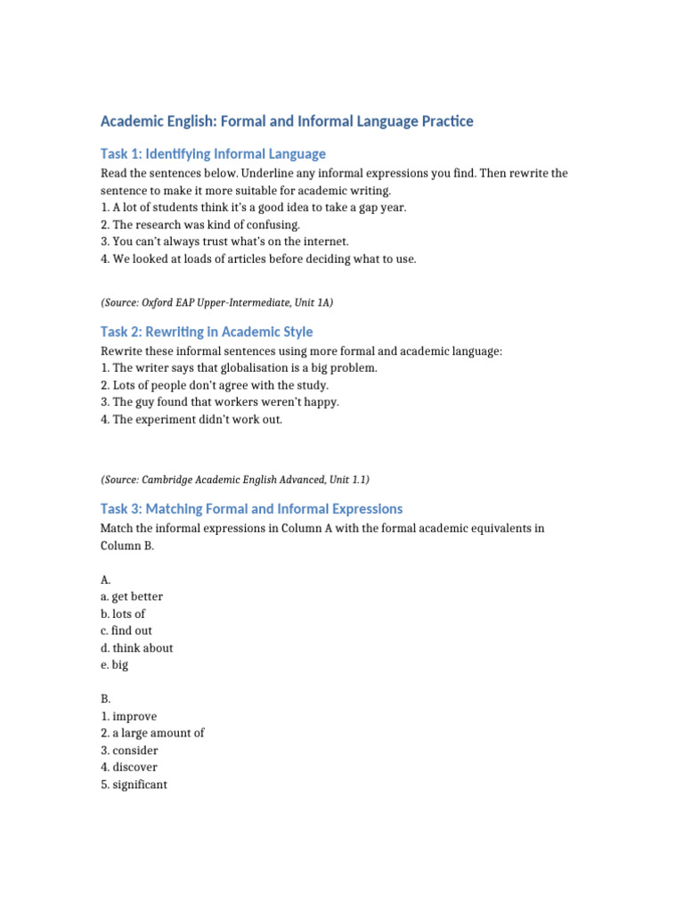 Formal Vs Informal Academic Language Practice | PDF