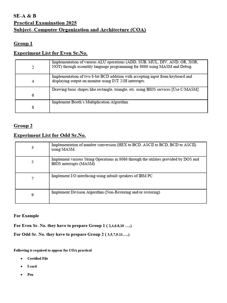 Practical Exam Experiment List - COA | PDF
