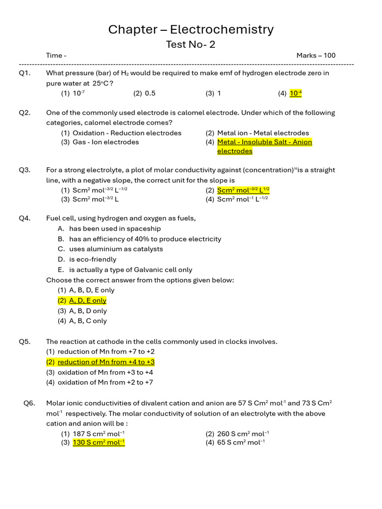 Electrochemistry Test 2 ANS | PDF | Electrochemistry | Redox