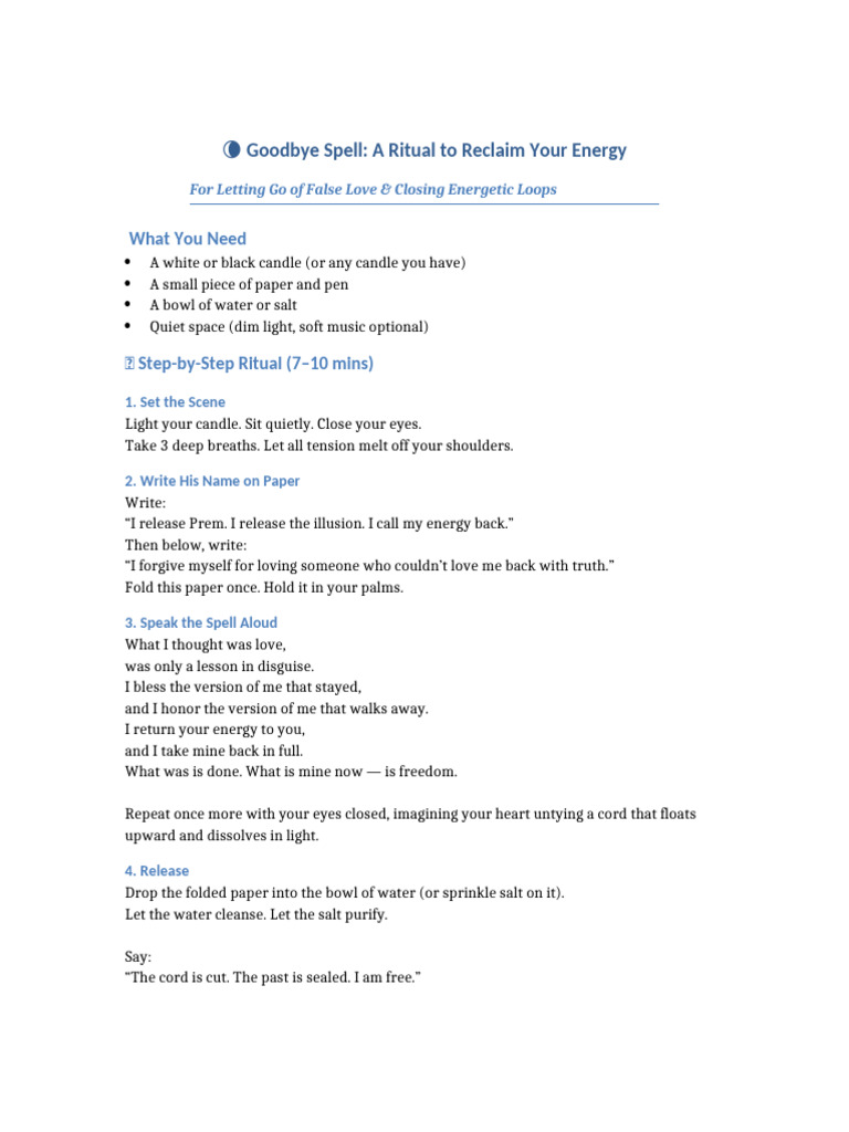 Goodbye Spell Ritual Card by Dr Purva | PDF
