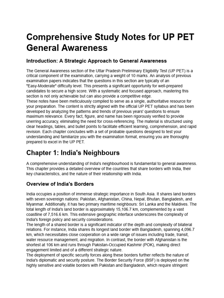 Comprehensive Study Notes For UP PET General Aware... | PDF