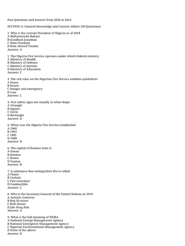 FFS Past Questions and Answer From 2018 To 2024 | PDF | Fires | Nigeria