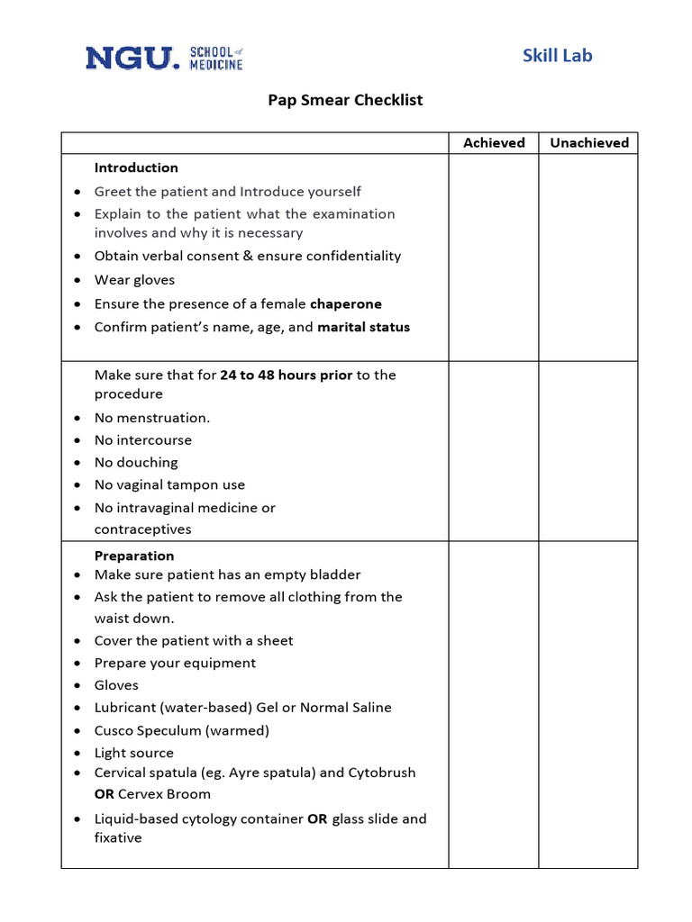 Pap Smear Procedure Checklist Guide | PDF | Vagina | Sexual Anatomy