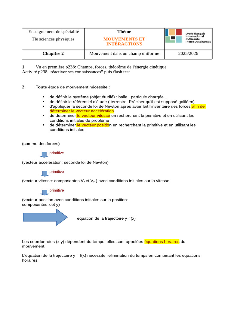Mouvement dans un champ uniforme en Tle | PDF | Champ (physique) | Lois ...