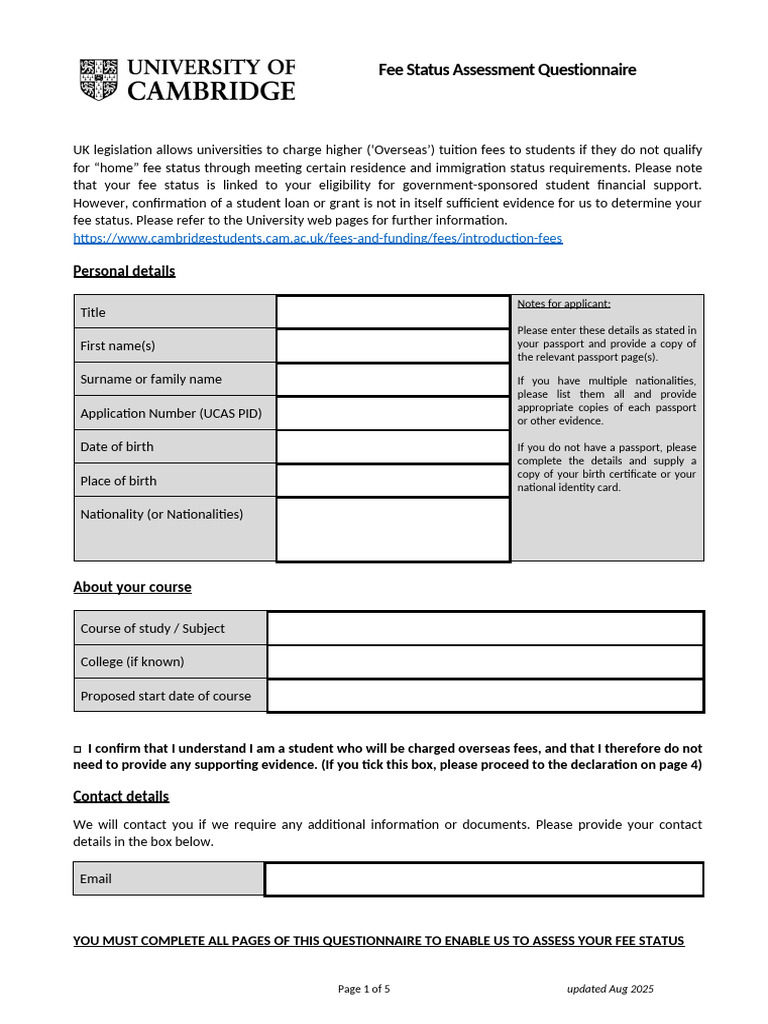UK Fee Status Assessment Form | PDF | Government And Personhood | Human ...