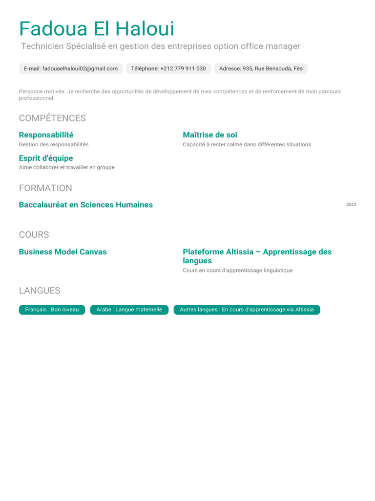 CV Fadoua El Haloui - Office Manager | PDF