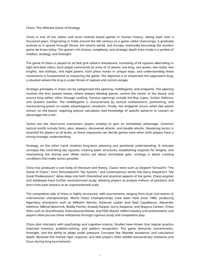 Chess Essay | PDF | Chess Strategy | Chess