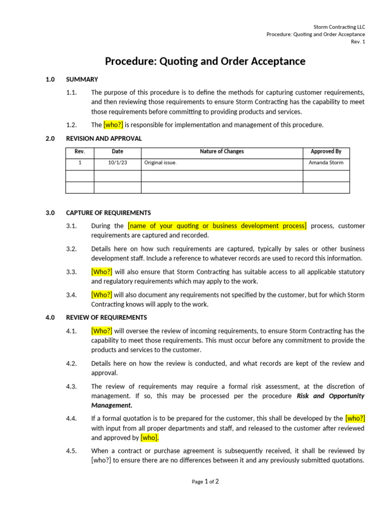 Procedure - Quoting & Orders | PDF