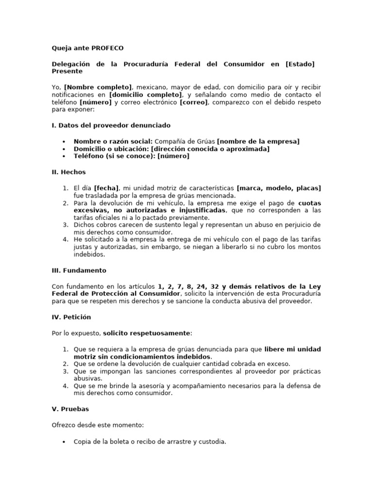 Queja Ante Profeco Gruas. | PDF