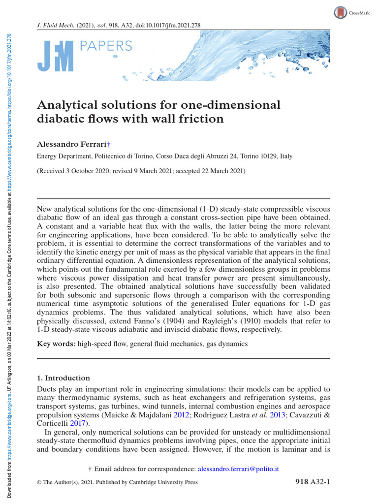 Ferrari, A. - Analytical Solutions For One-Dimensional Diabatic Flows With Wall Friction | PDF ...