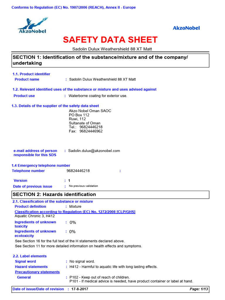 Msds Sadolin Dulux Weathershield 88 XT Matt | PDF | Workplace | Occupational Safety And Health