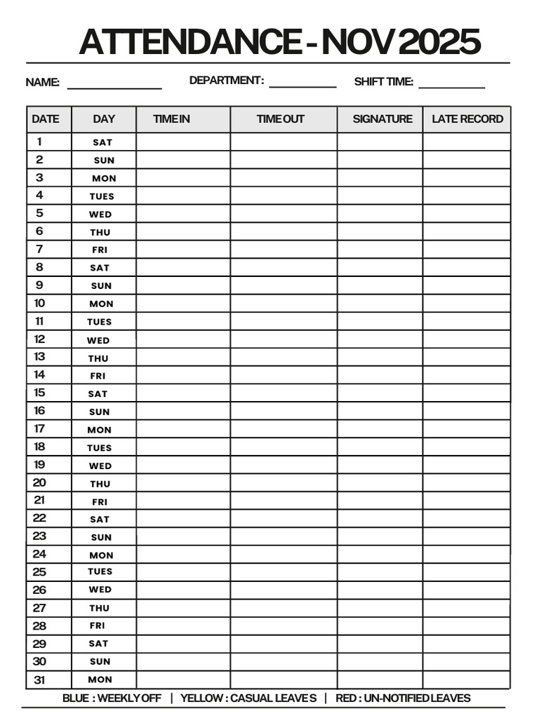 November 2025 Attendance Sheet | PDF