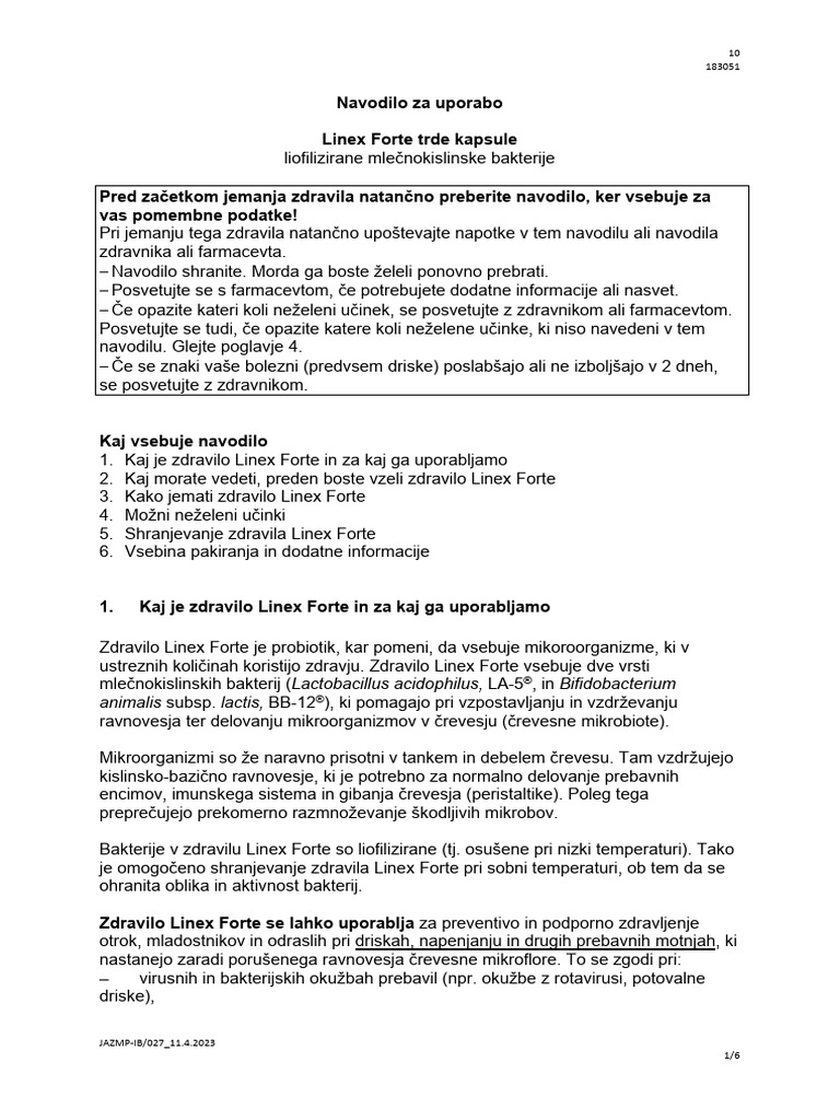 Linex Forte Navodilo Za Uporabo Lekarnar | PDF