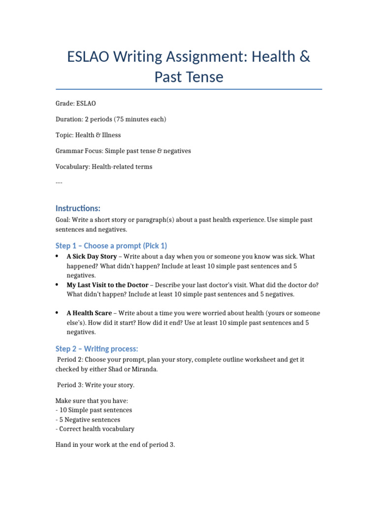 Health Writing Assignment: Past Tense | PDF | Grammatical Tense ...