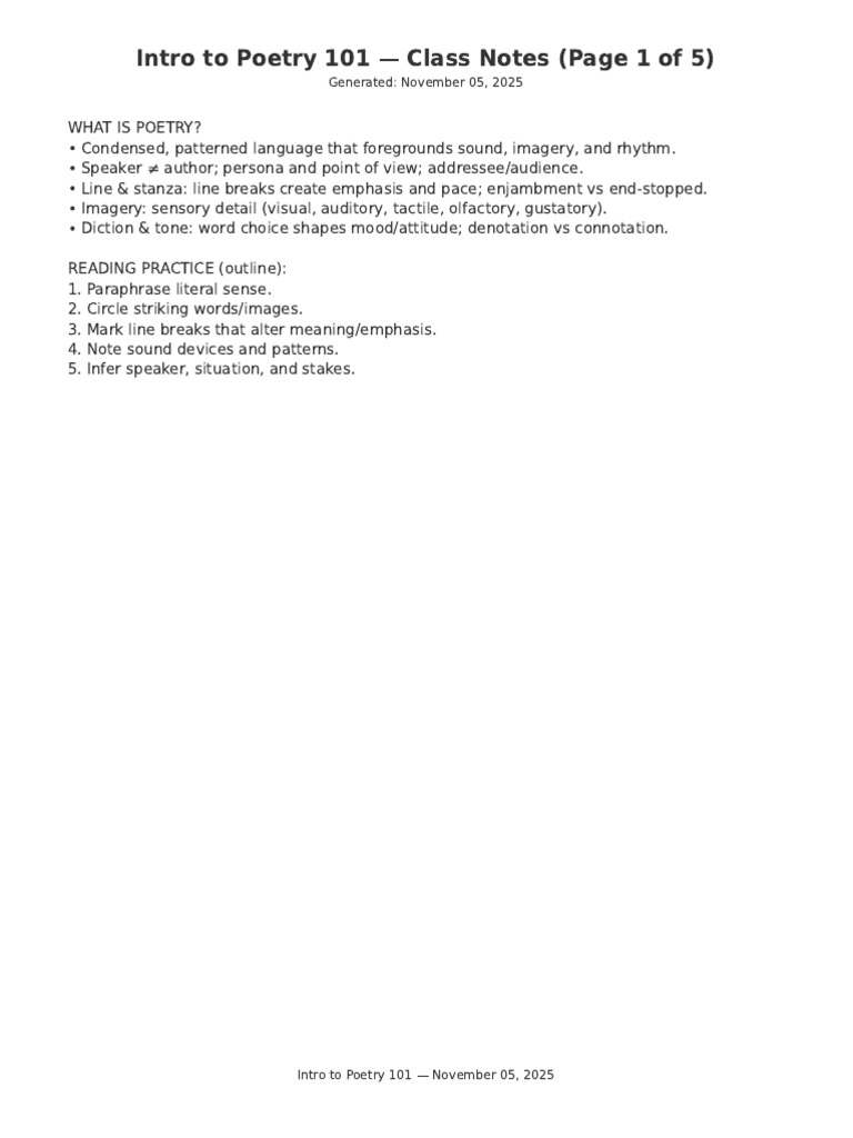 Intro To Poetry 101 Notes v2 | PDF | Poetry | Poetics