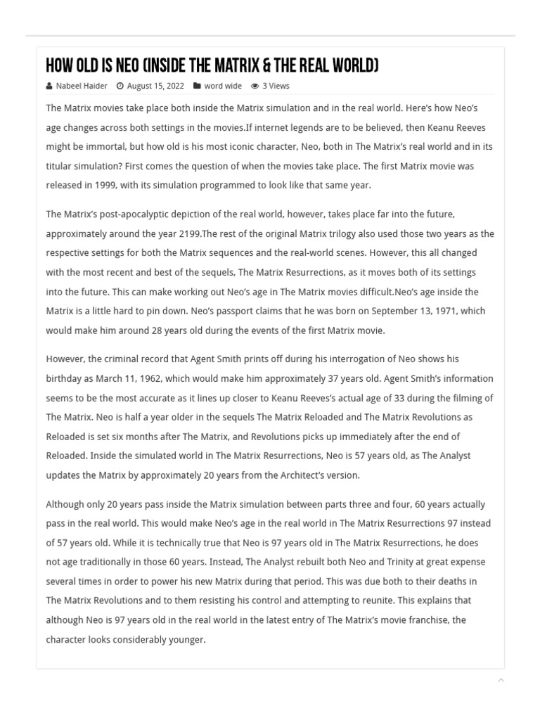 How Old Is Neo (Inside The Matrix & The Real World) - Ababeel TV | PDF