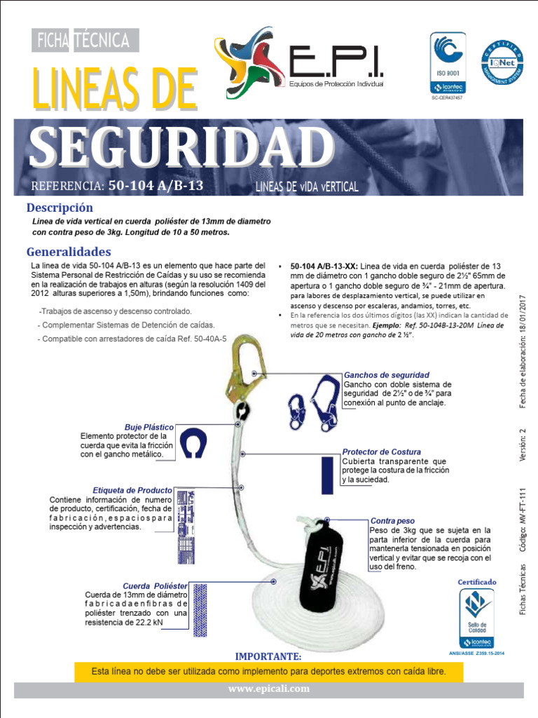 Línea de Vida Vertical 50-104 A/B-13 | PDF | Cuerda
