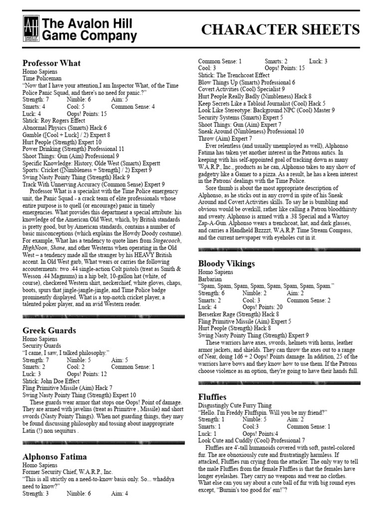 The Adventure With No Name - Character Sheets (49342917) | PDF | Espionage