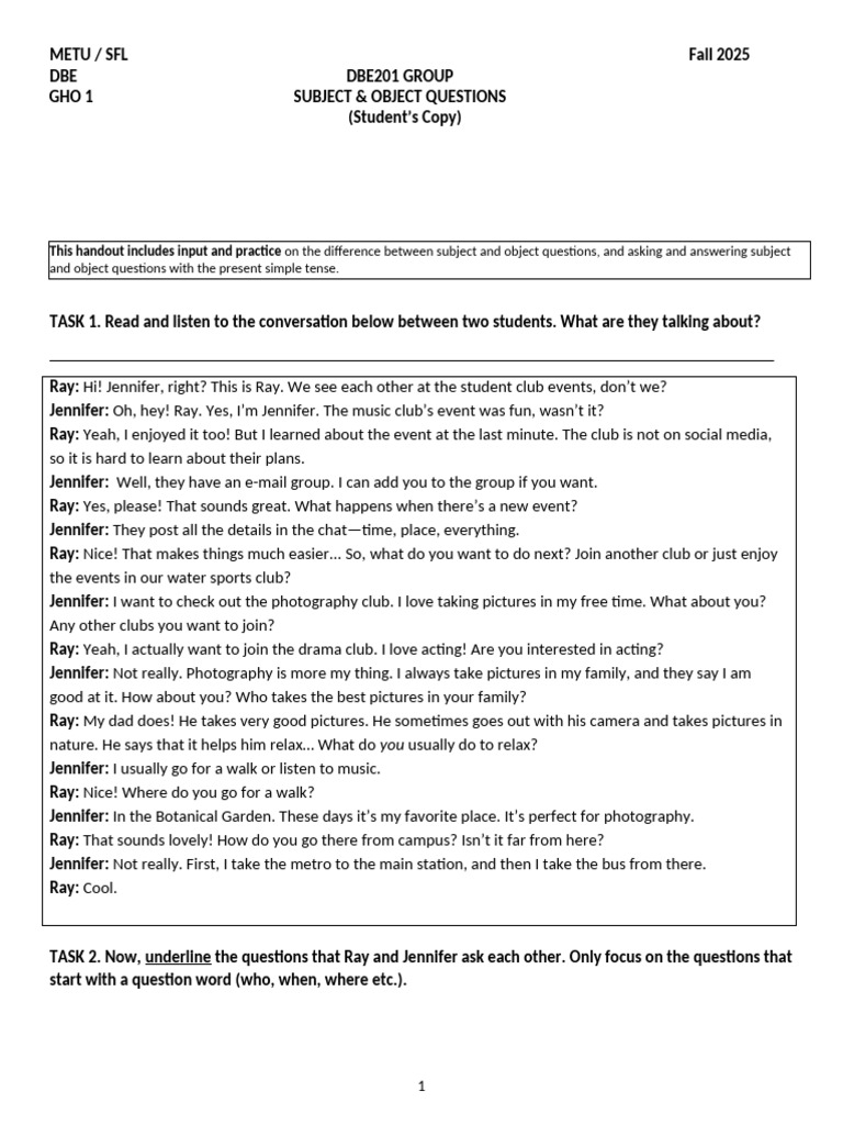 201 GHO 1 Subject Object Questions Student | PDF | Verb | Subject (Grammar)