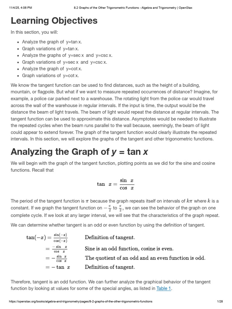 8.2 Graphs of The Other Trigonometric Functions - Algebra and Trigonometry - OpenStax | PDF ...