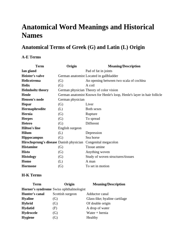 Anatomical Terms: Greek & Latin Origins | PDF | Human Anatomy | Anatomy