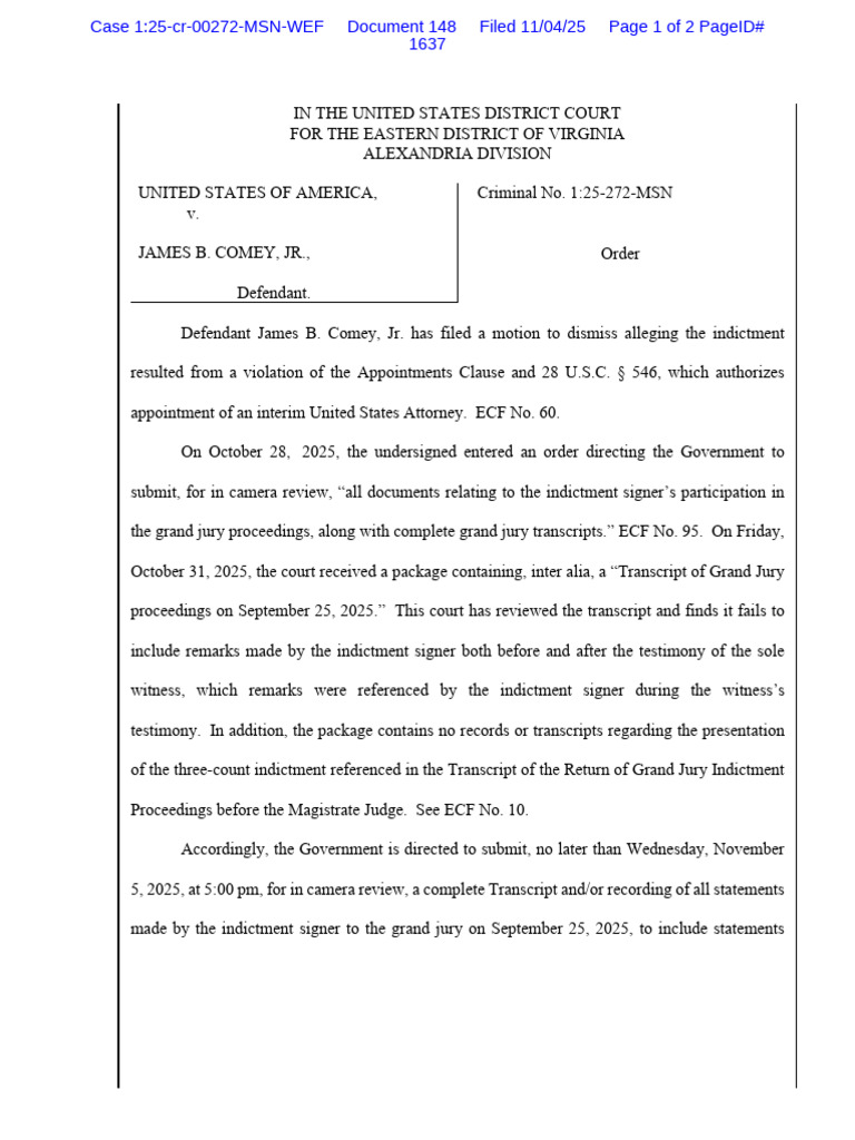 Comey Motion to Dismiss Indictment | PDF | Federal Government Of The ...