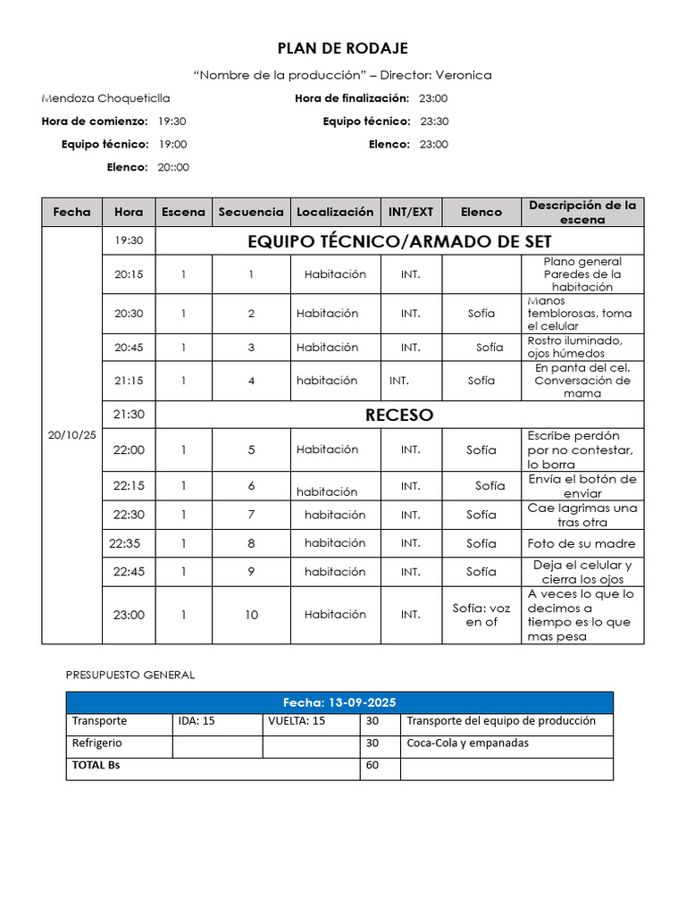 Plan de Rodaje para Producción Cinematográfica | PDF