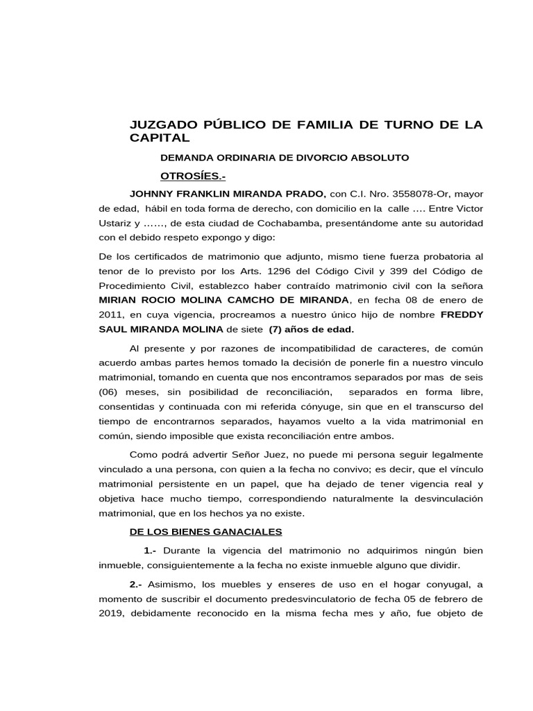 Demanda de Divorcio Jhionny Miranda Piti | PDF | Divorcio | Matrimonio