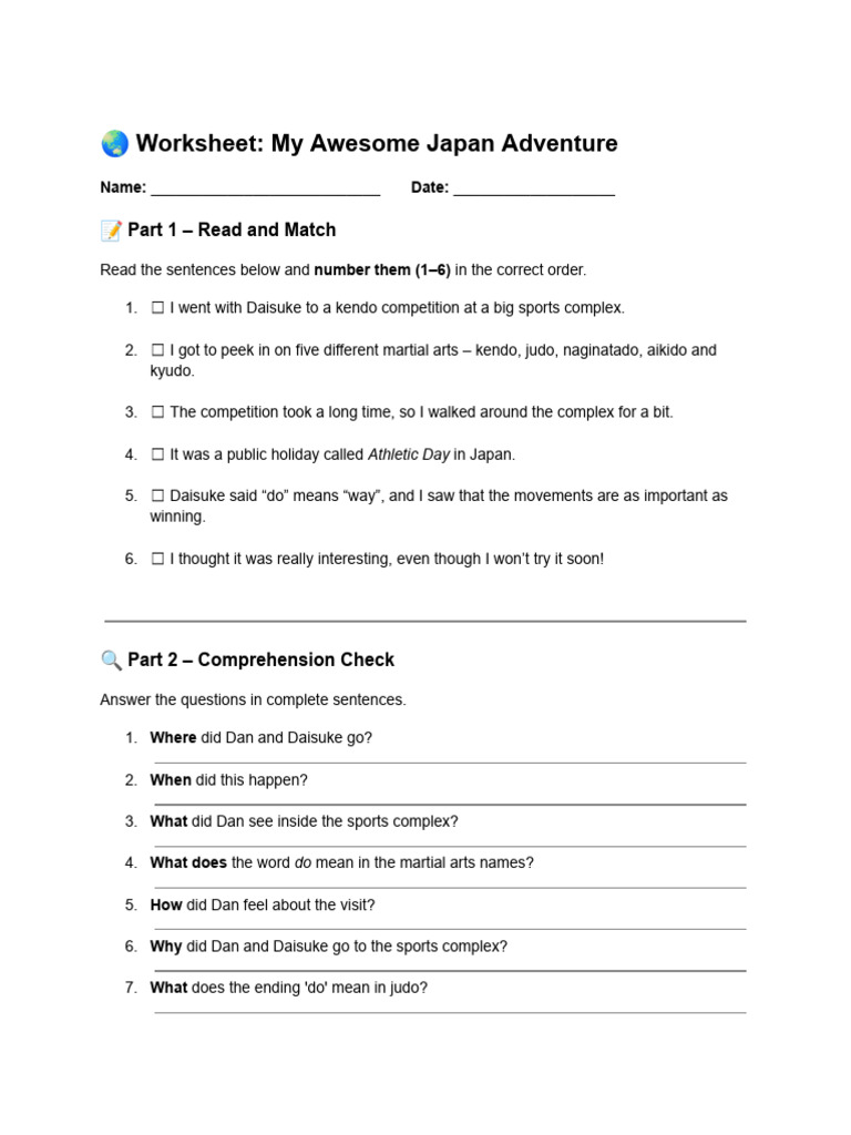 ? Worksheet - My Awesome Japan Adventure | PDF