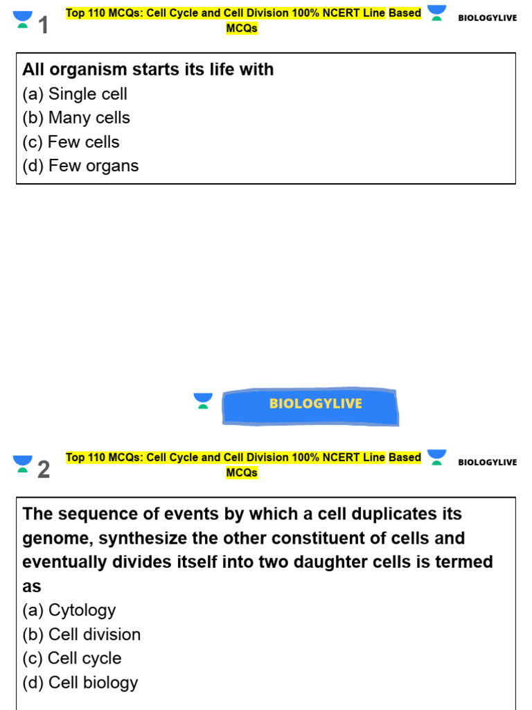 Top 110 MCQs Cell Cycle and Cell Division 100% NCERT Line Based | PDF ...