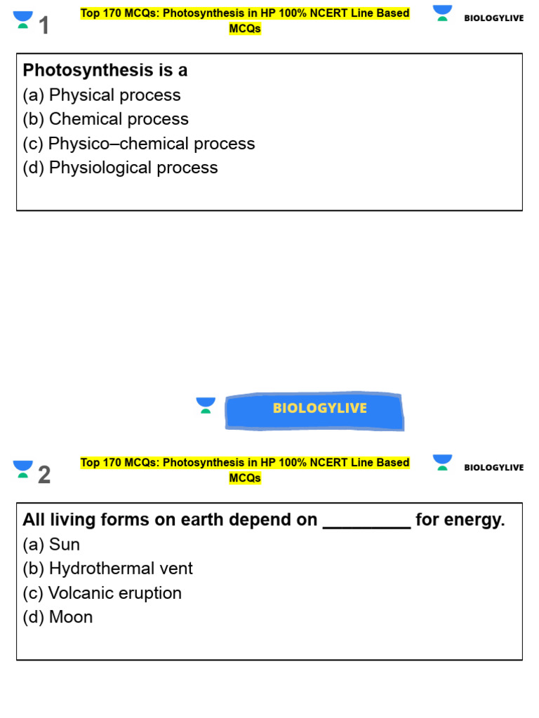170 MCQs on Photosynthesis Concepts | PDF | Photosynthesis | Chloroplast
