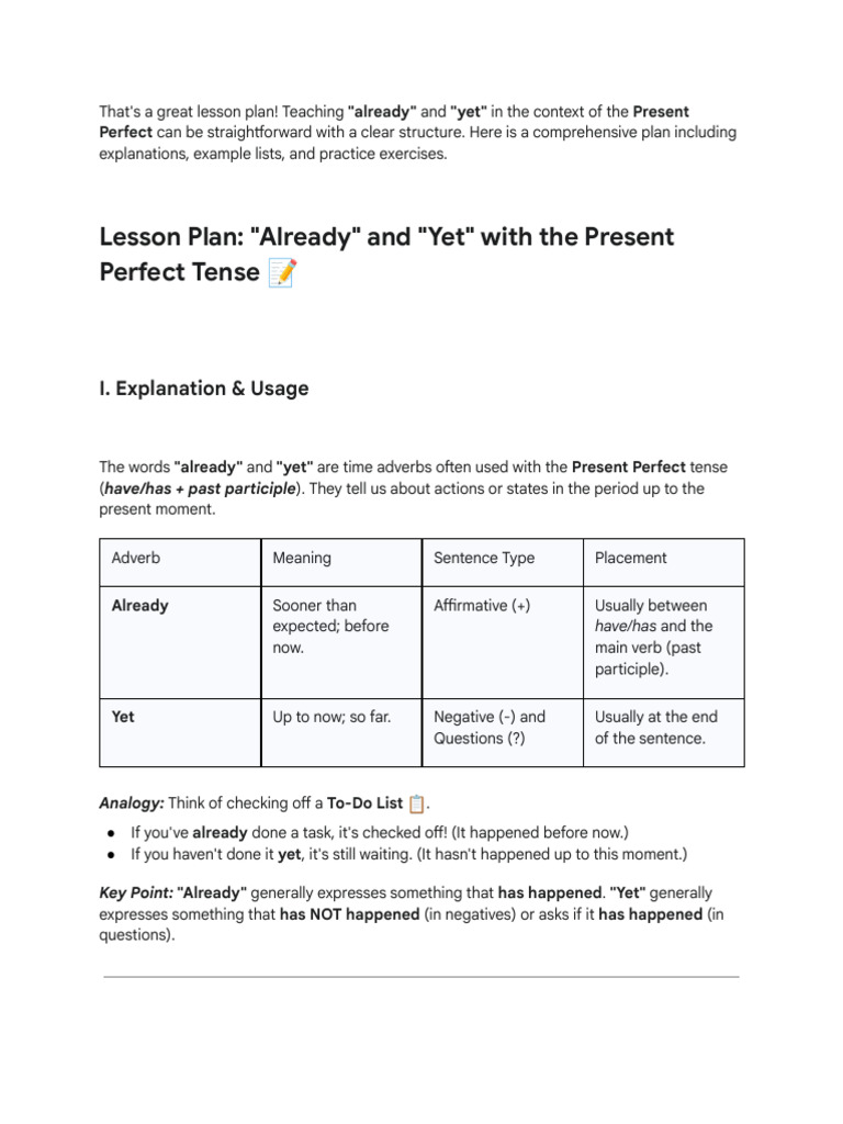 Lesson Plan: "Already" and "Yet" Usage | PDF | Perfect (Grammar ...