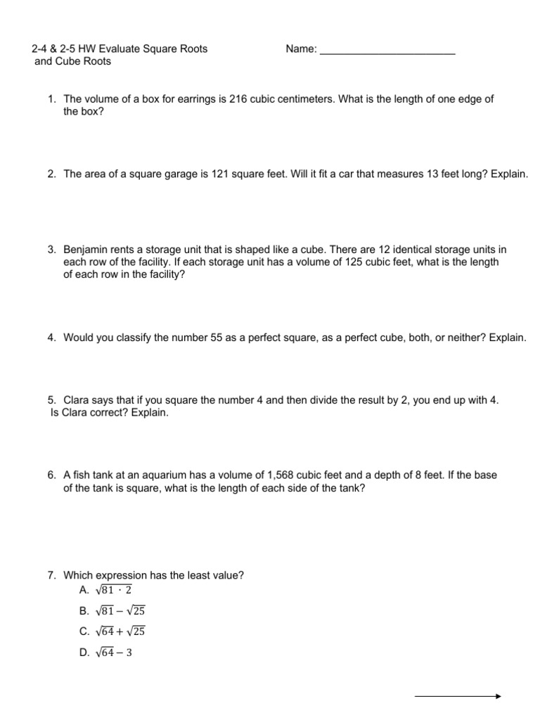 2-4 & 2-5 HW Evaluate Square Roots and Cube Roots PDF | PDF