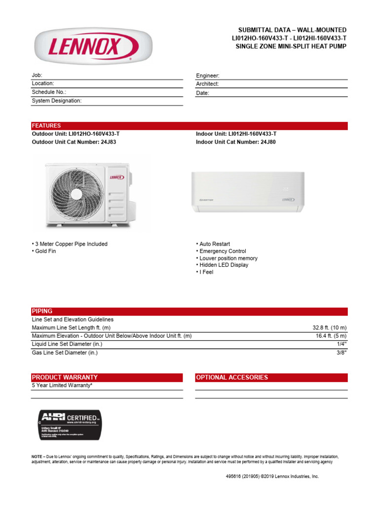 Lennox Ms 16seer Ahri Submittaleng | PDF | Air Conditioning | Heat Pump