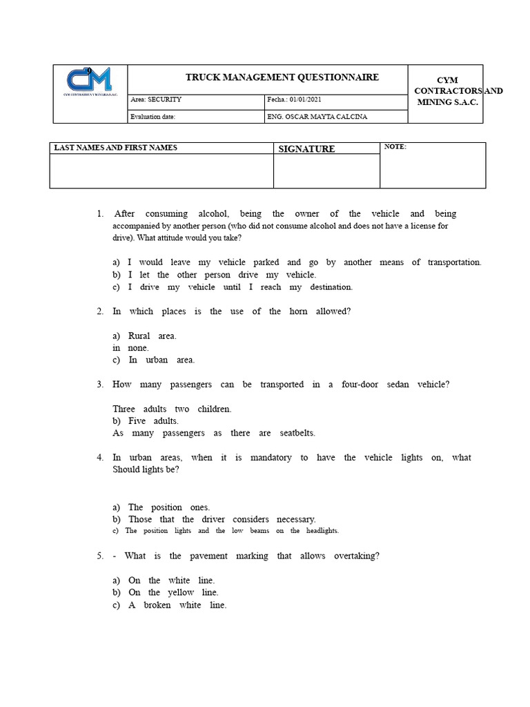 QUESTIONNAIRE FOR TRUCK HANDLING - CYM CONTRACTOR AND MINING SAC | PDF | Traffic | Land Transport